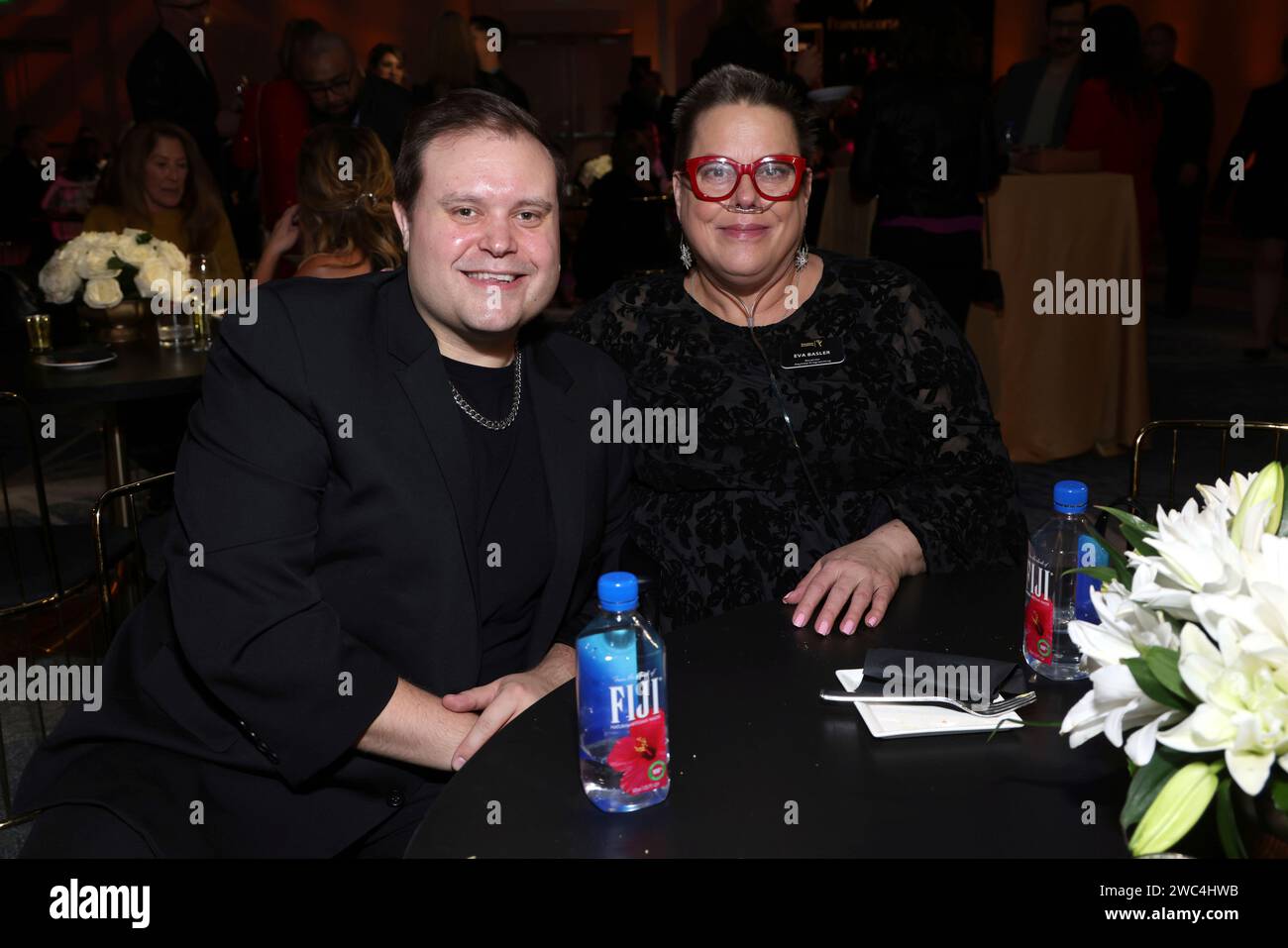 Erik Thompson, left, and Eva Basler attend the 75th Emmy Awards ...