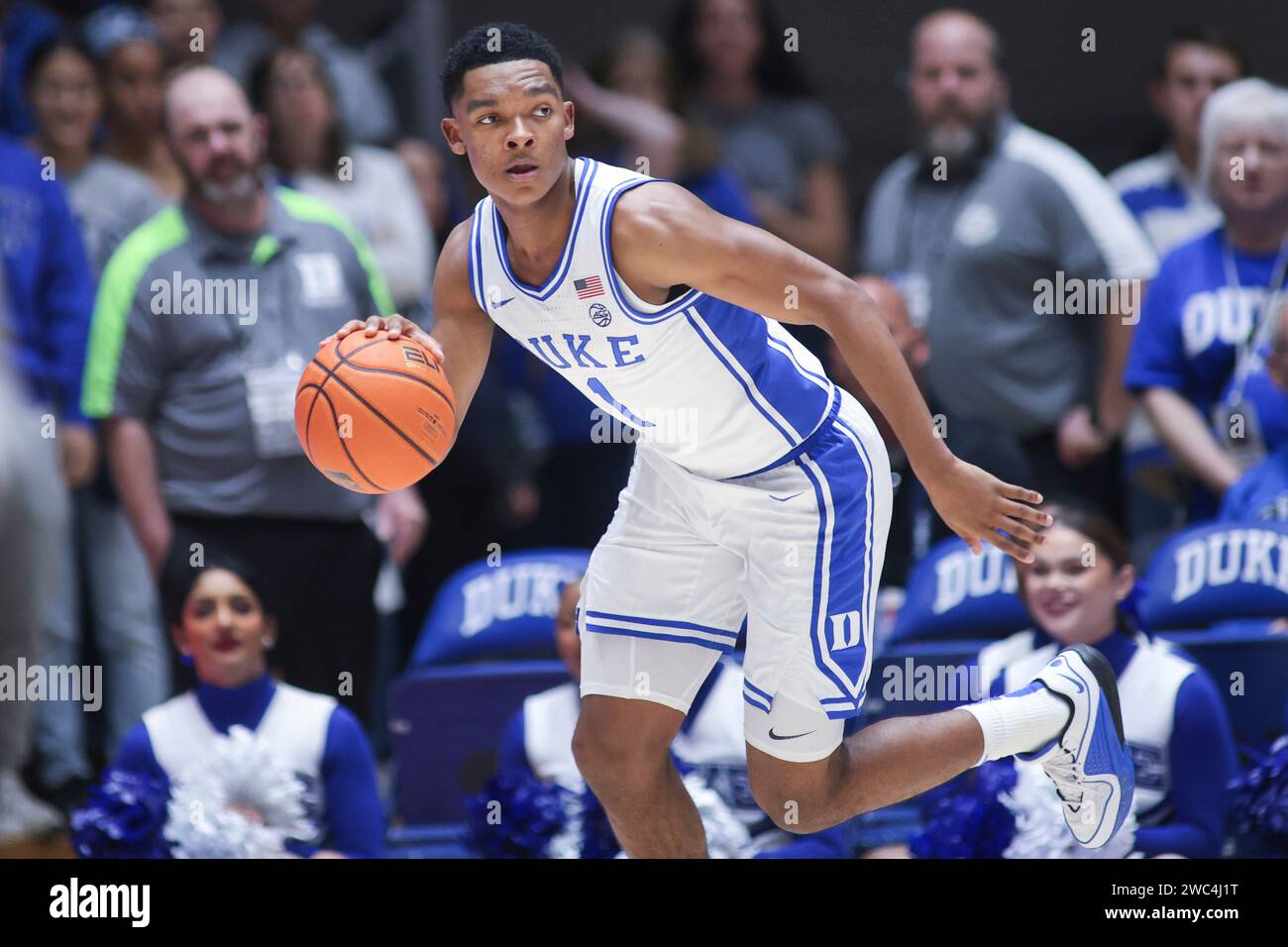 DURHAM, NC - JANUARY 13: Duke Blue Devils guard Caleb Foster (1) brings ...