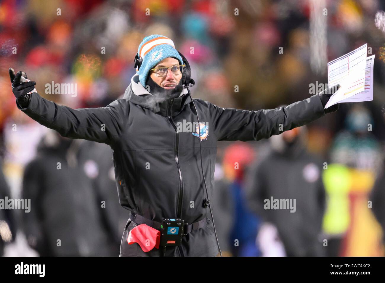 Miami Dolphins head coach Mike McDaniel argues a call during the second ...