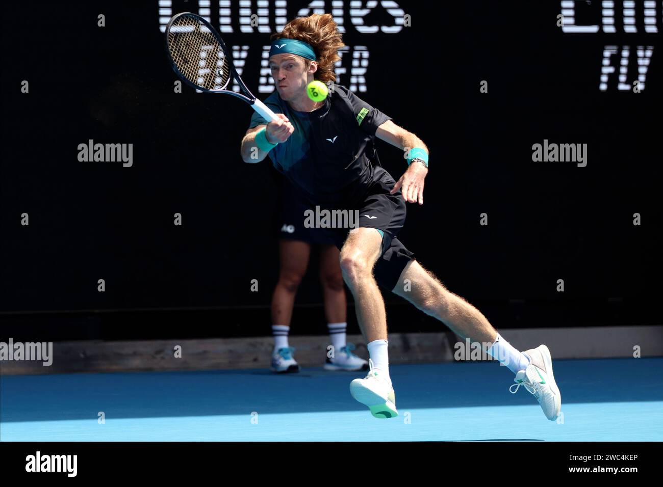 Andrey Rublev of Russia plays a forehand return to Thiago Seyboth Wild ...