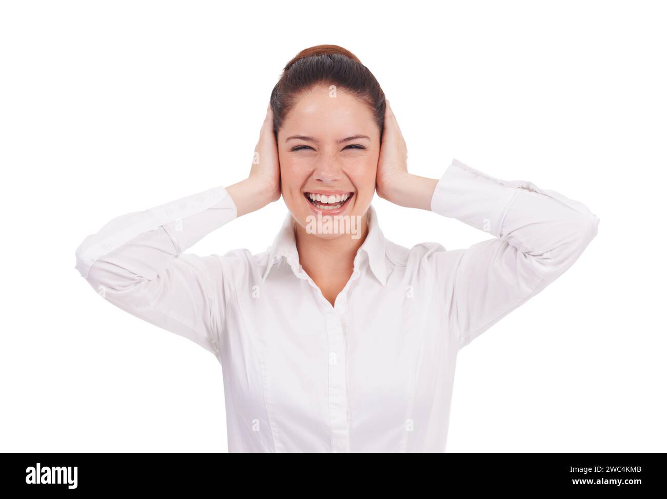 Cover ears, upset and portrait of business woman on white background ...
