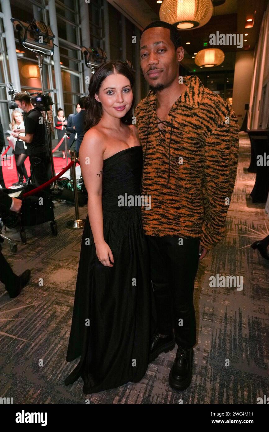 Samantha Hanratty, left, and Tyler James Williams attend the 75th Emmy ...