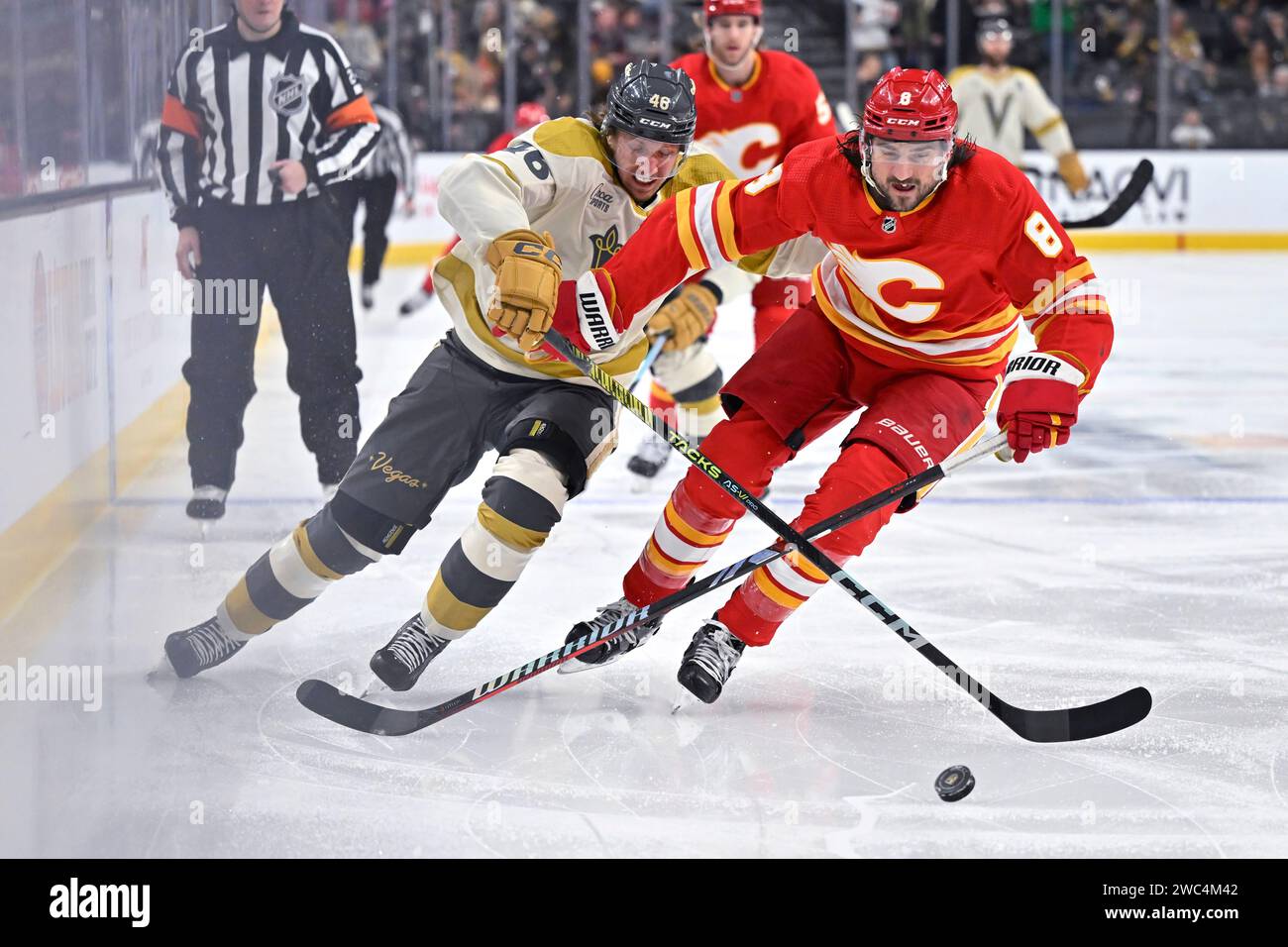 Vegas Golden Knights right wing Jonas Rondbjerg (46) and Calgary Flames ...