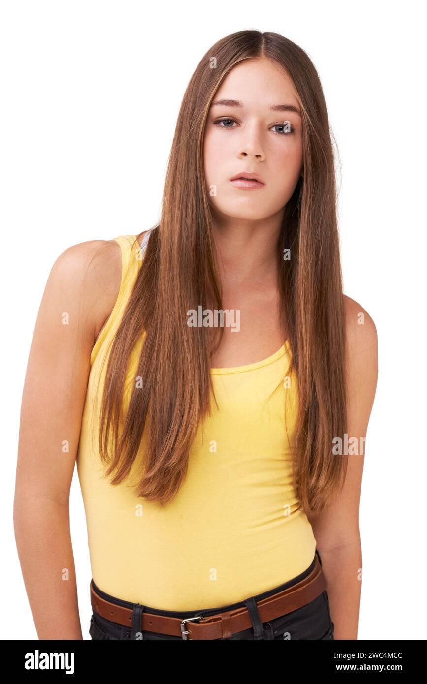 Teenager, fashion and portrait of girl on a white background with ...