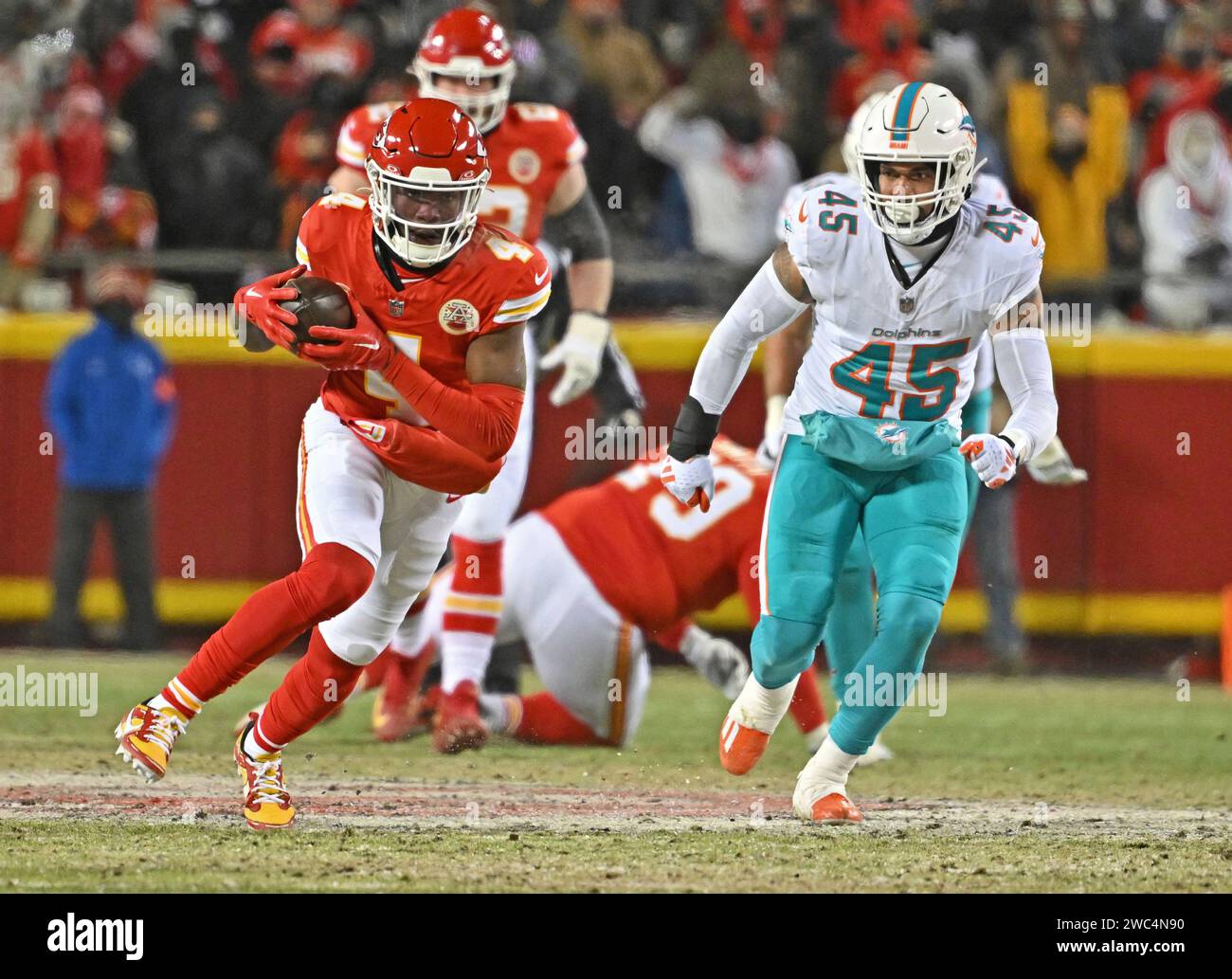 Kansas City Chiefs wide receiver Rashee Rice (4) runs up field after ...