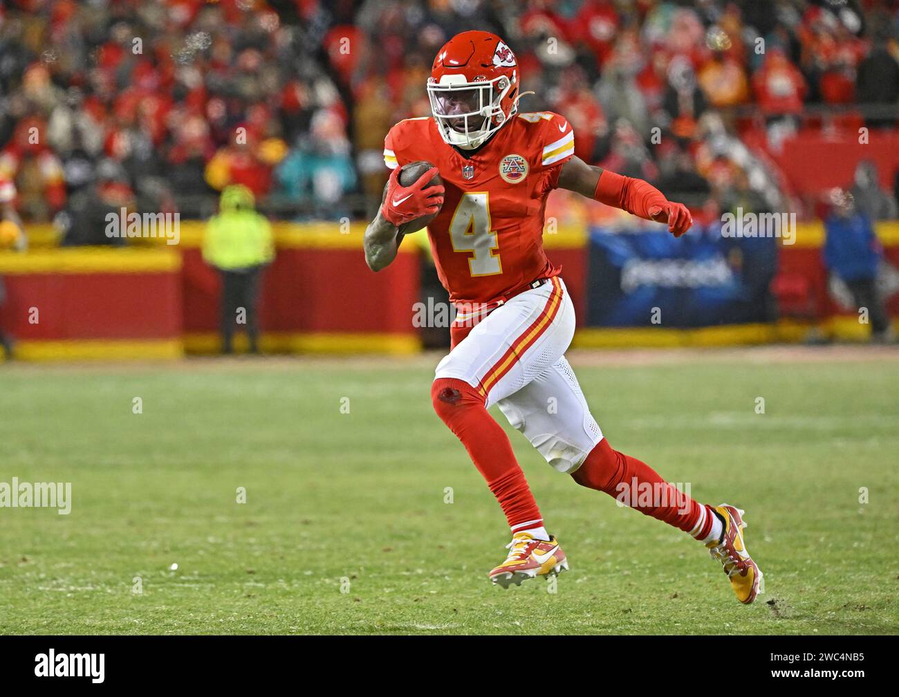 Kansas City Chiefs wide receiver Rashee Rice (4) runs up field after ...