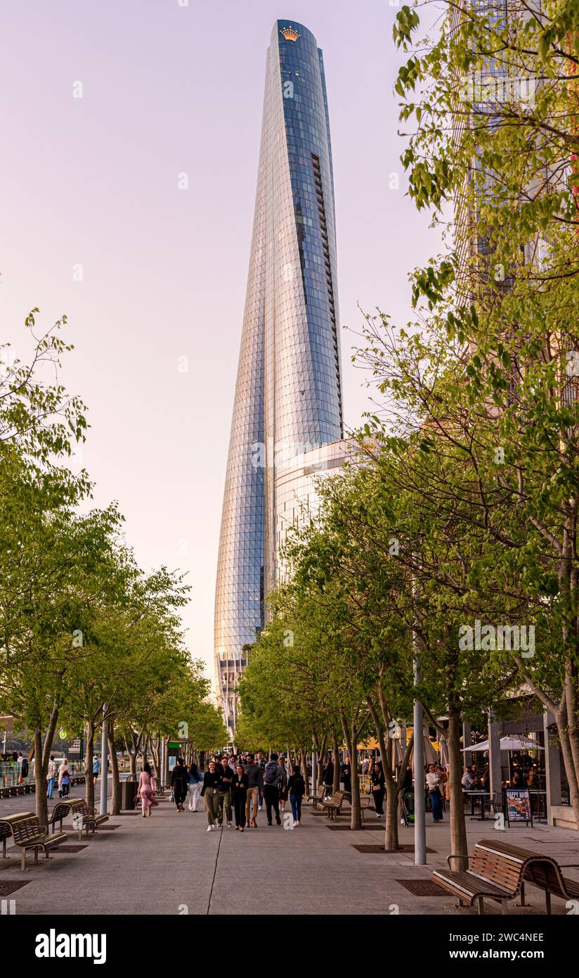 Dusk views over The Crown Sydney and foreshore promenade Wulugul Walk ...