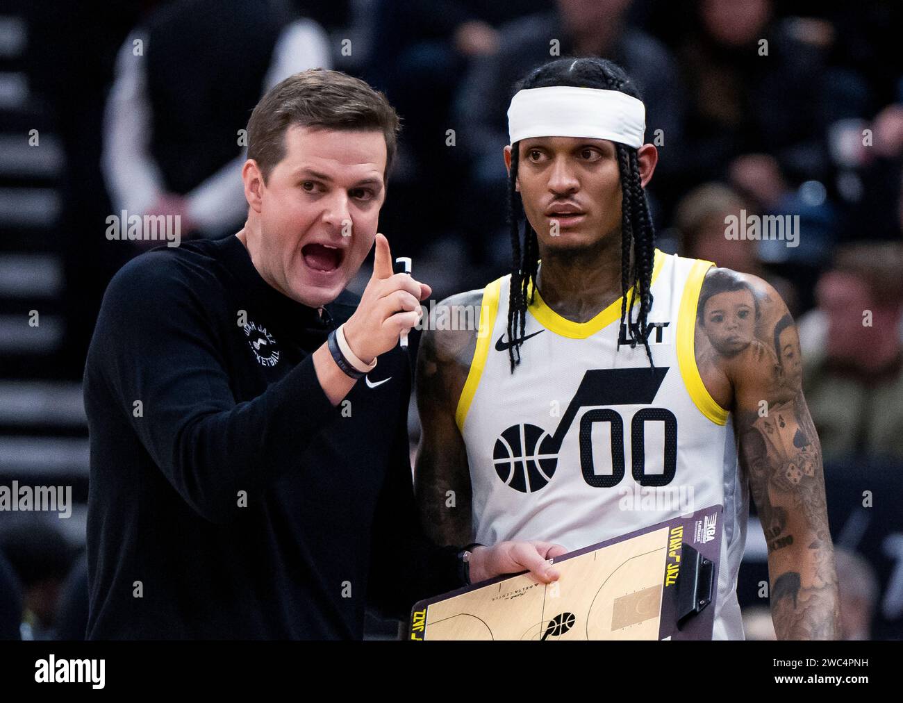 Utah Jazz coach Will Hardy talks to guard Jordan Clarkson (00) during ...