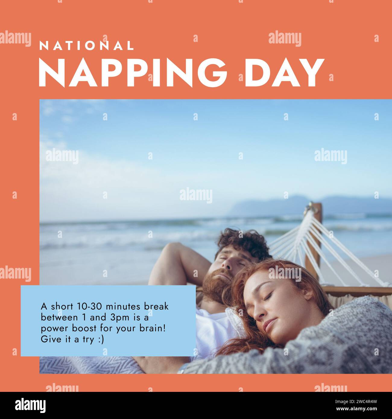 Composition of national napping day text over caucasian couple sleeping ...