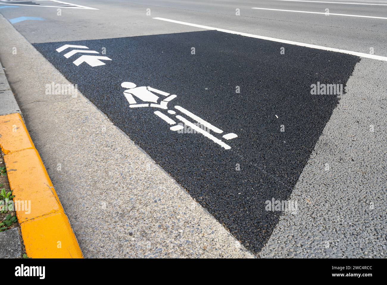 Tokyo, Japan, January 2024. the indication of the cycle path painted on ...