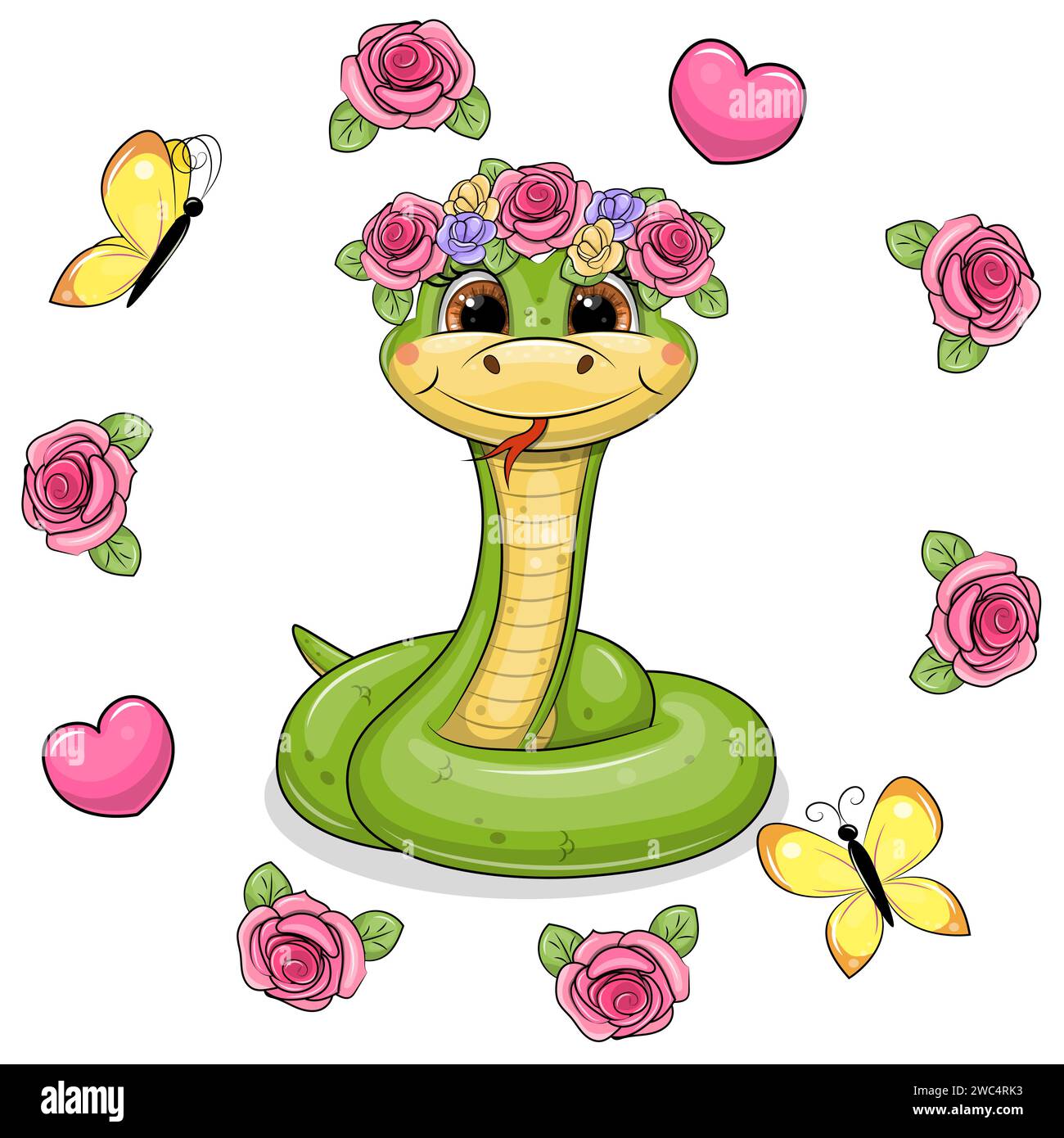 A cute cartoon green snake wearing a flower wreath and sitting in a ...
