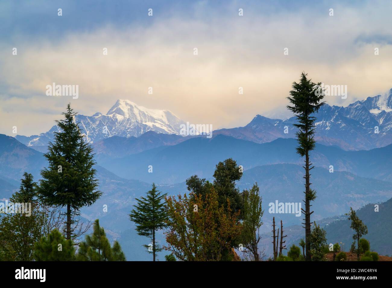 Mountain peak in the mountains. Panoramic view of the snow-covered ...