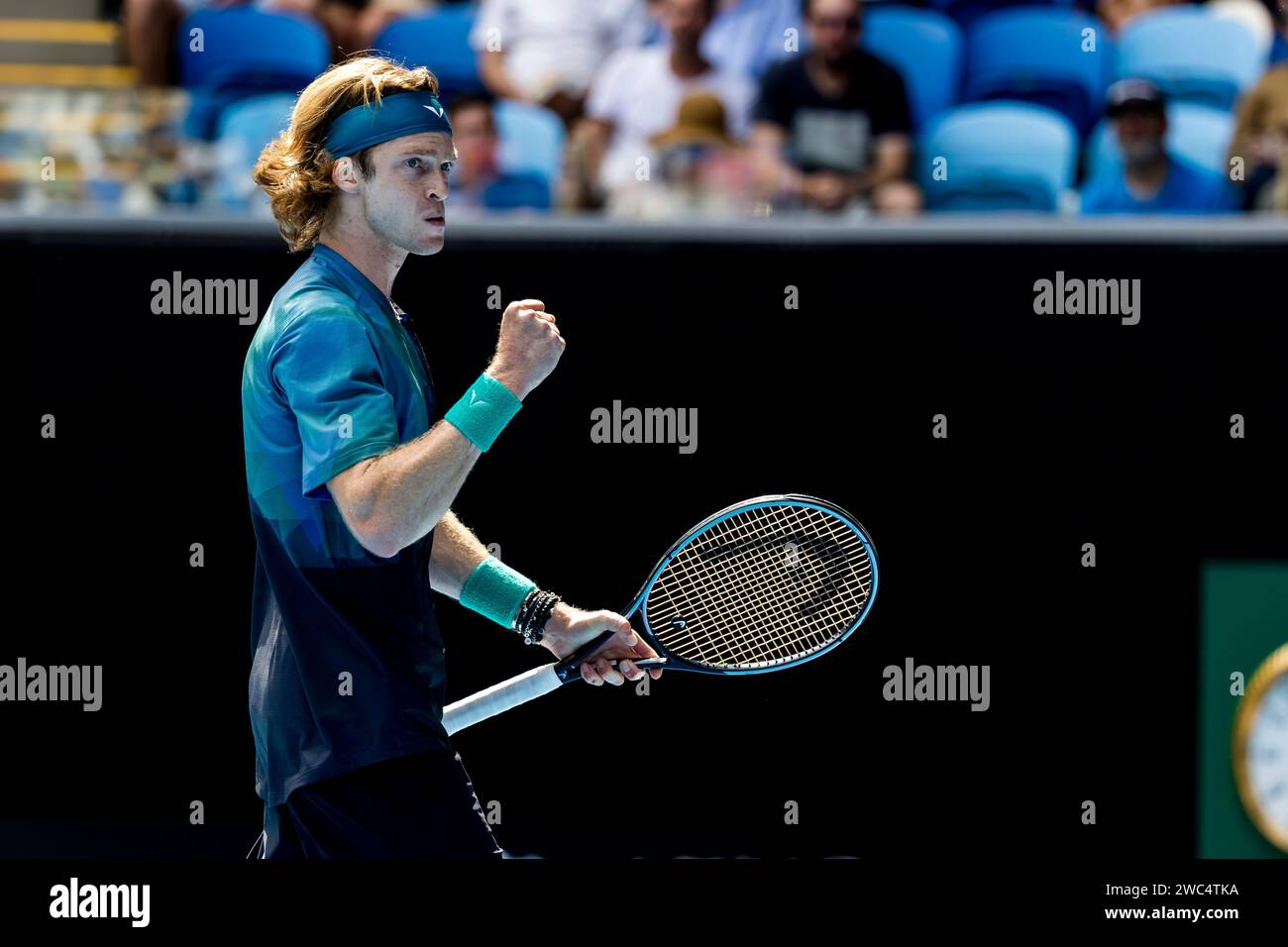 MELBOURNE, VIC - JANUARY 14: Andrey Rublev of Russia celebrates during ...