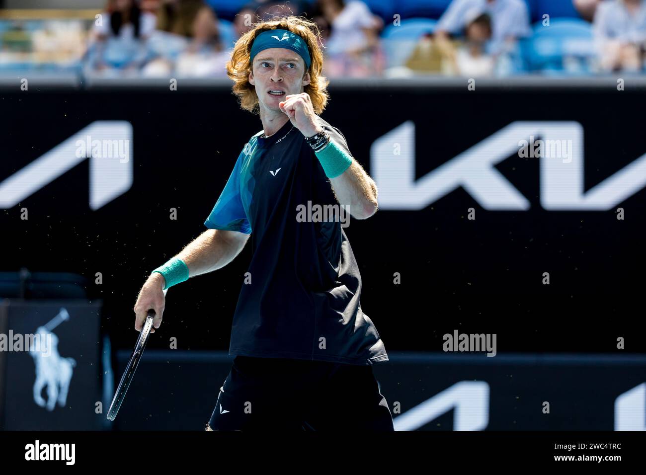 MELBOURNE, VIC - JANUARY 14: Andrey Rublev of Russia in action during ...