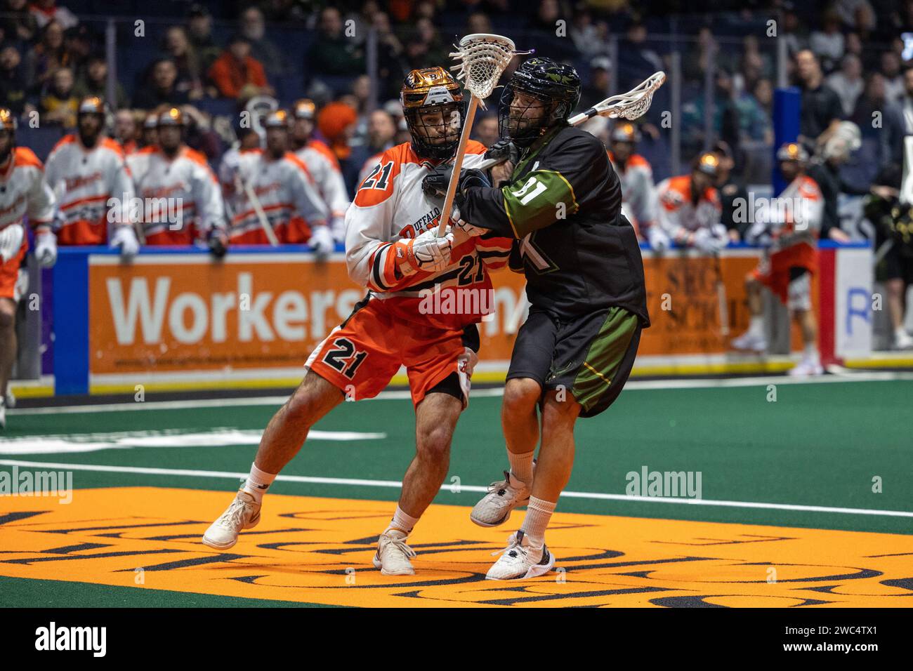 January 13th, 2024: Buffalo Bandits defenseman Justin Martin (21) throws a hit in the first ...
