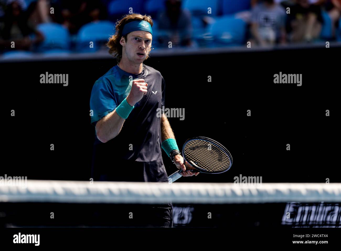 MELBOURNE, VIC - JANUARY 14: Andrey Rublev of Russia celebrates during ...