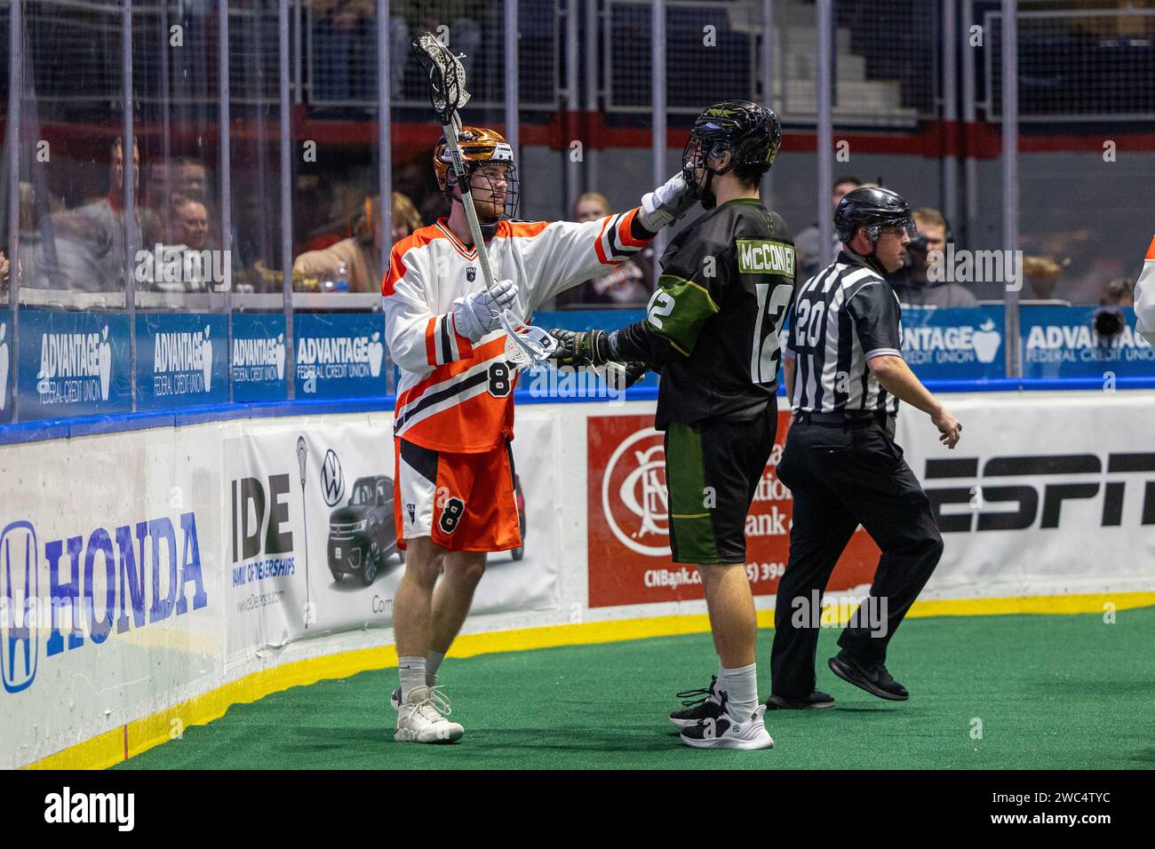 January 13th, 2024: Buffalo Bandits defenseman Dylan Robinson (8) throws a hit in the first ...