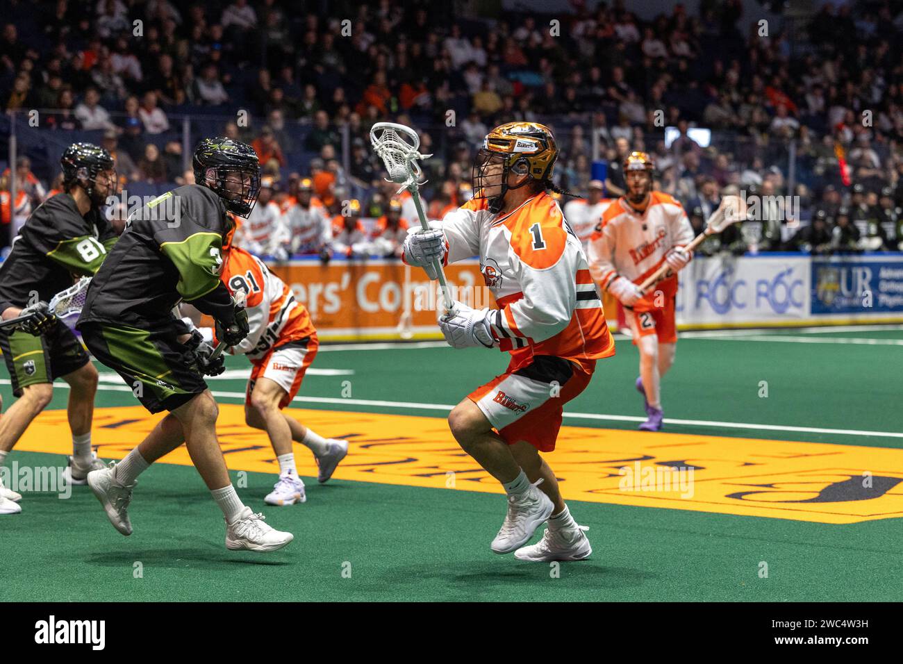 January 13th, 2024: Buffalo Bandits forward Tehoka Nanticoke (1) runs in the second quarter ...