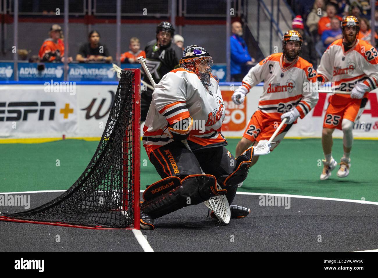 January 13th, 2024: Buffalo Bandits goaltender Matt Vinc (48) makes a save in the third quarter ...