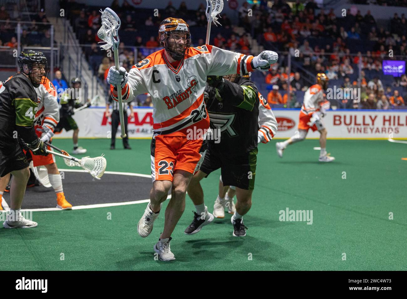 January 13th, 2024: Buffalo Bandits defenseman Steve Priolo (23) runs ...
