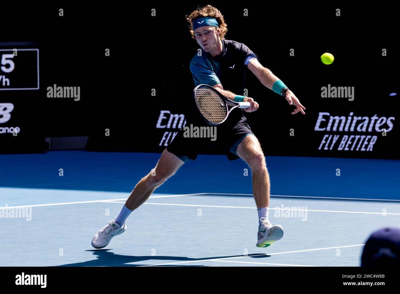 MELBOURNE, VIC - JANUARY 14: Andrey Rublev of Russia in action during ...