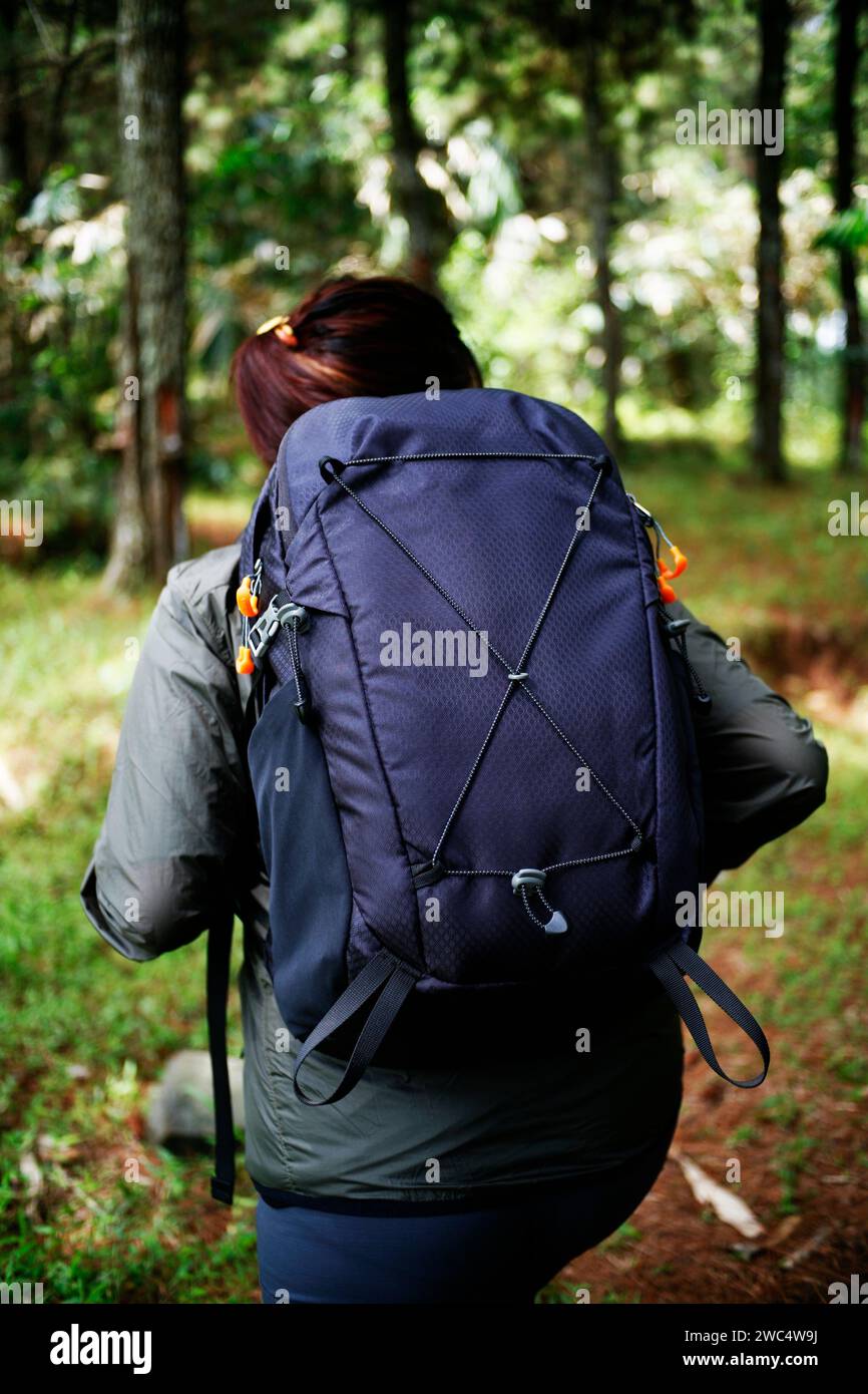 Rear view of female with black backpack in the forest Stock Photo - Alamy