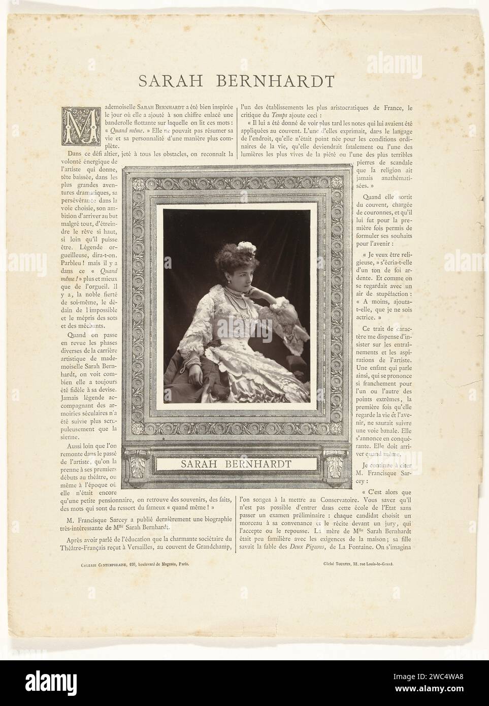 Portrait of Sarah Bernhardt with biography, Emile Tourtin, 1877 ...