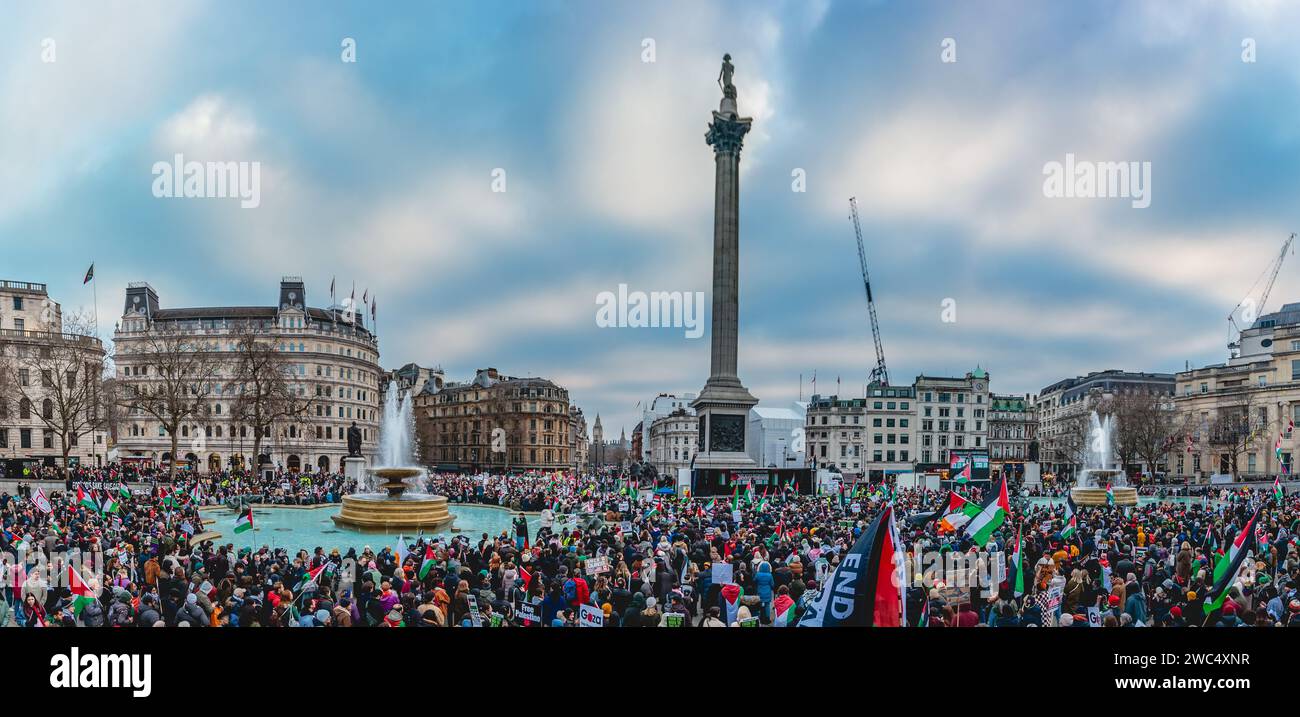 A panoramic view of a big assembled crowd in Trafalgar Square for a pro ...