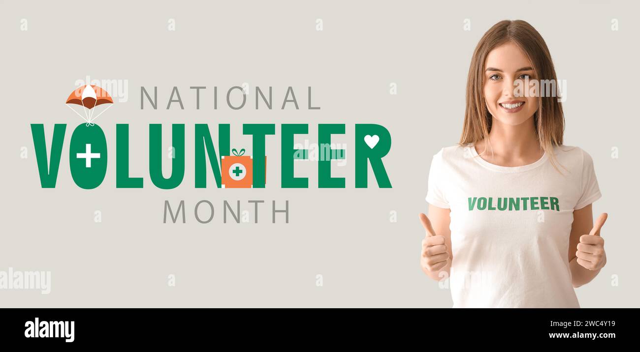 Young female volunteer showing thumb-up on light background. Banner for ...