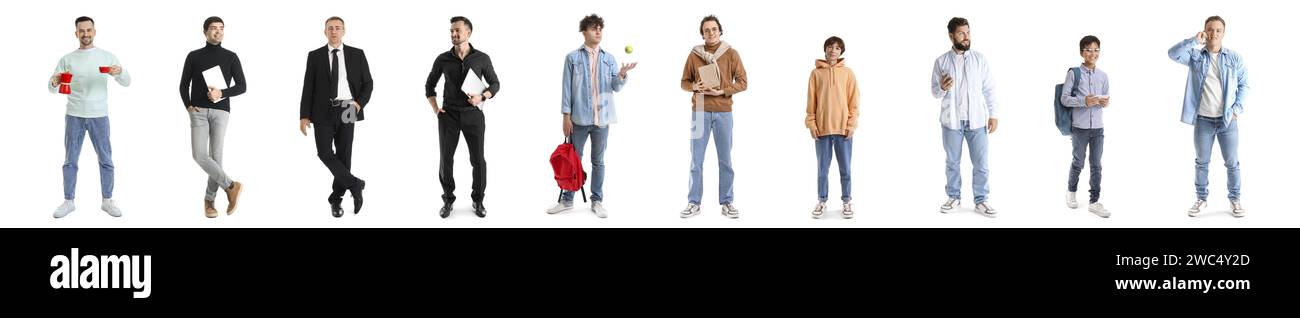 Group of men of different ages on white background Stock Photo - Alamy