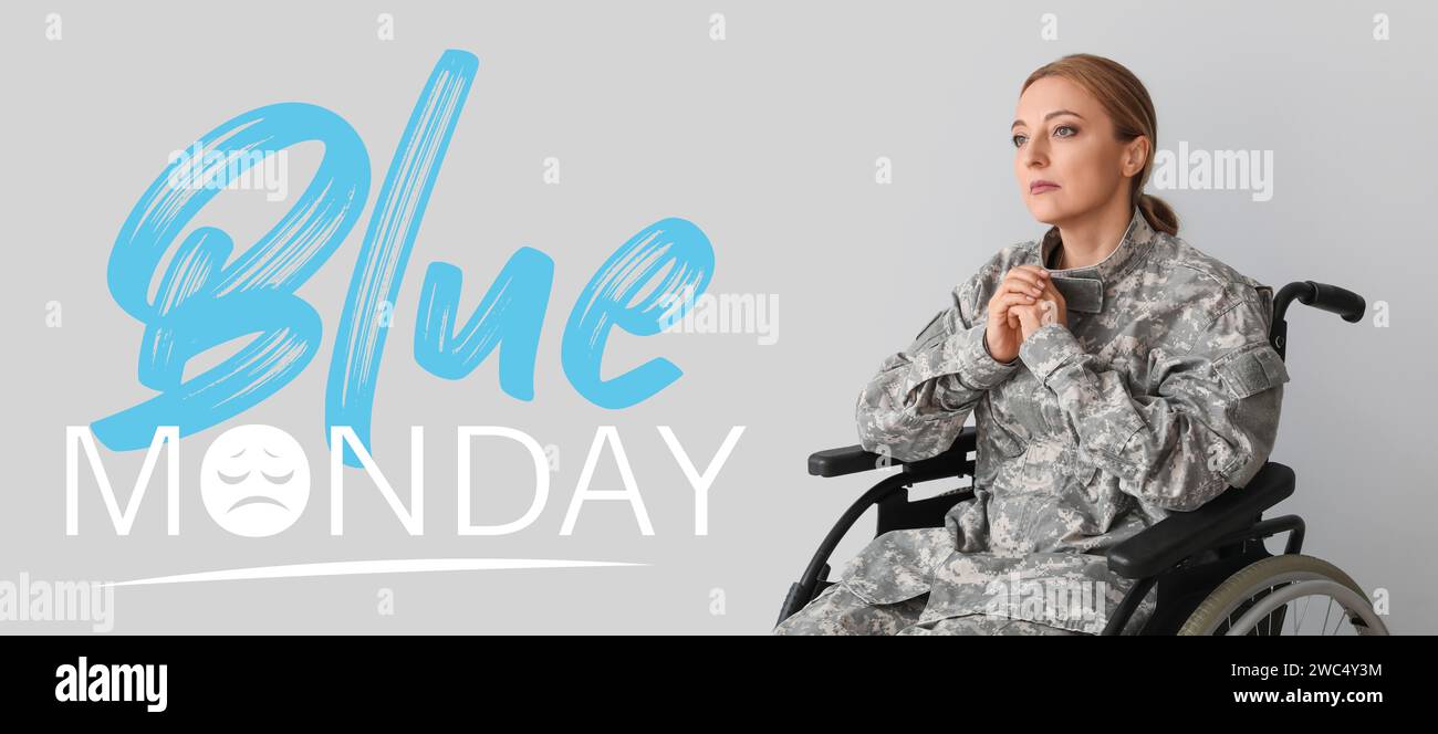 Banner for Blue Monday with sad female soldier in wheelchair Stock ...