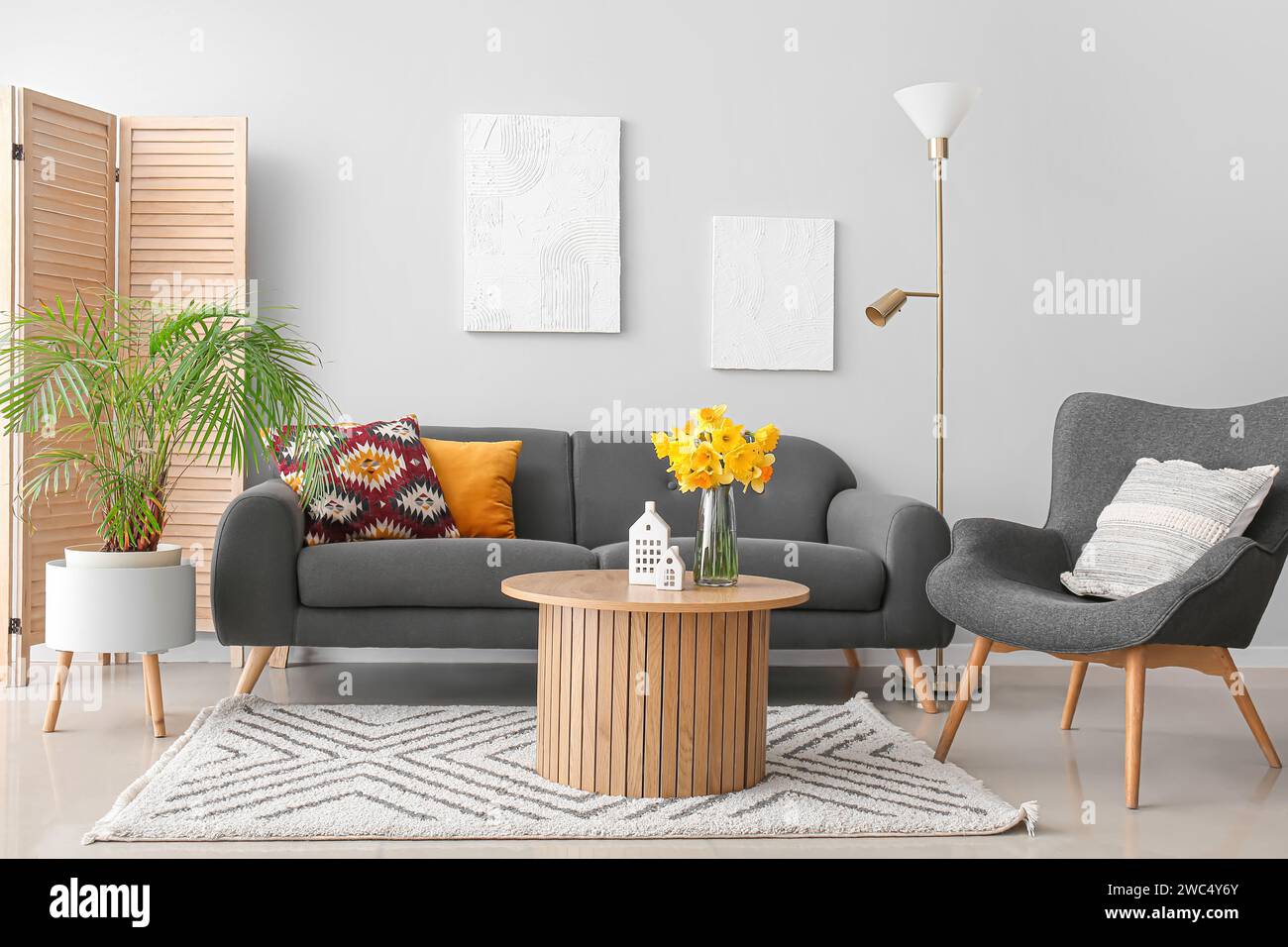Interior of modern living room with cozy sofa, armchair and coffee ...