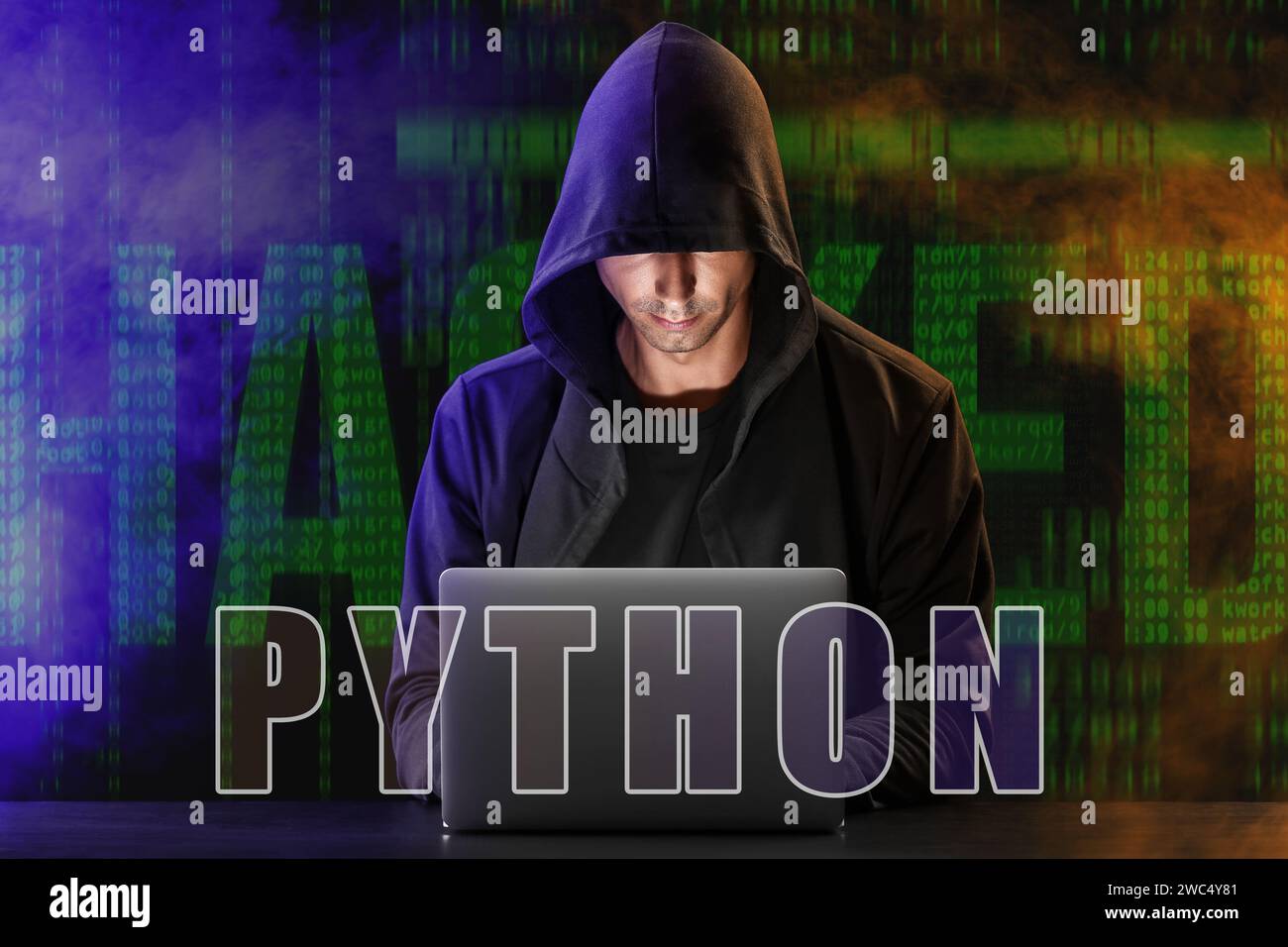 Professional hacker with laptop on dark background Stock Photo - Alamy