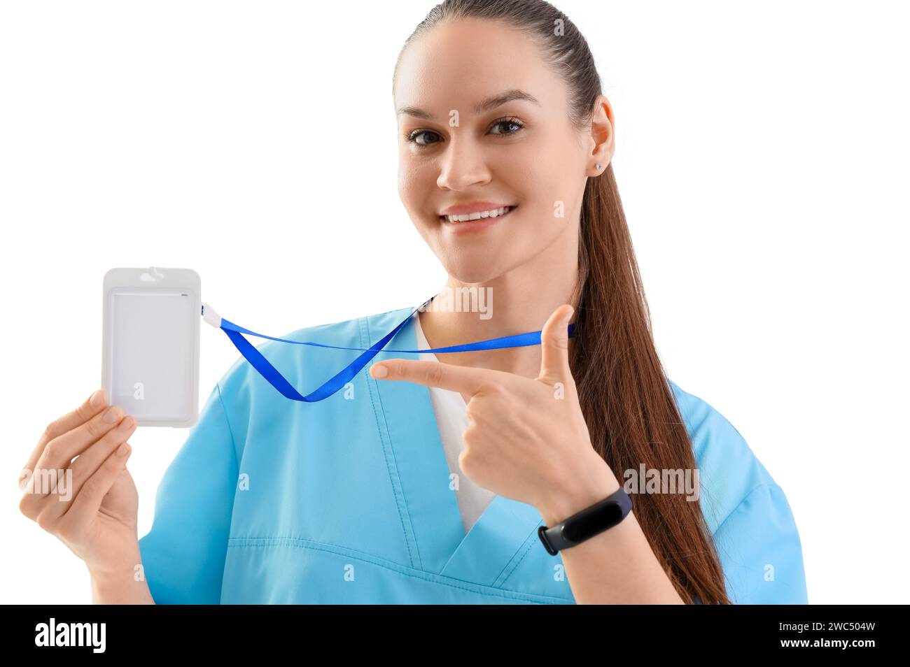 Female medical intern pointing at badge on white background Stock Photo ...