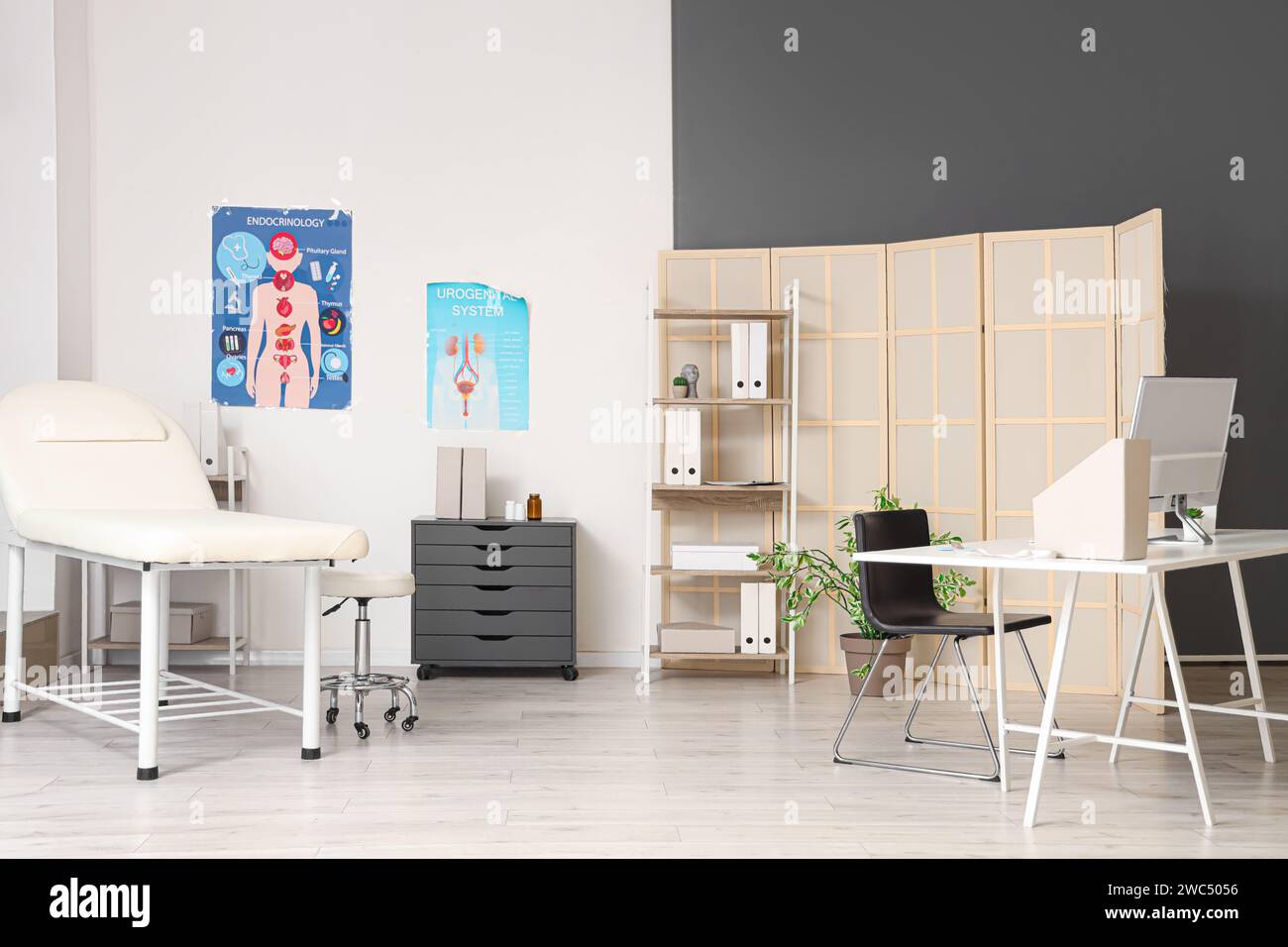 Interior of medical office with doctor's workplace, shelf units and ...