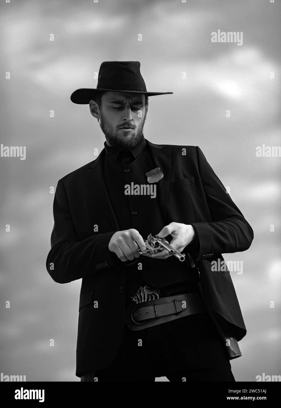 Wanted western. Cowboy with weapon. American bandit, western man with ...