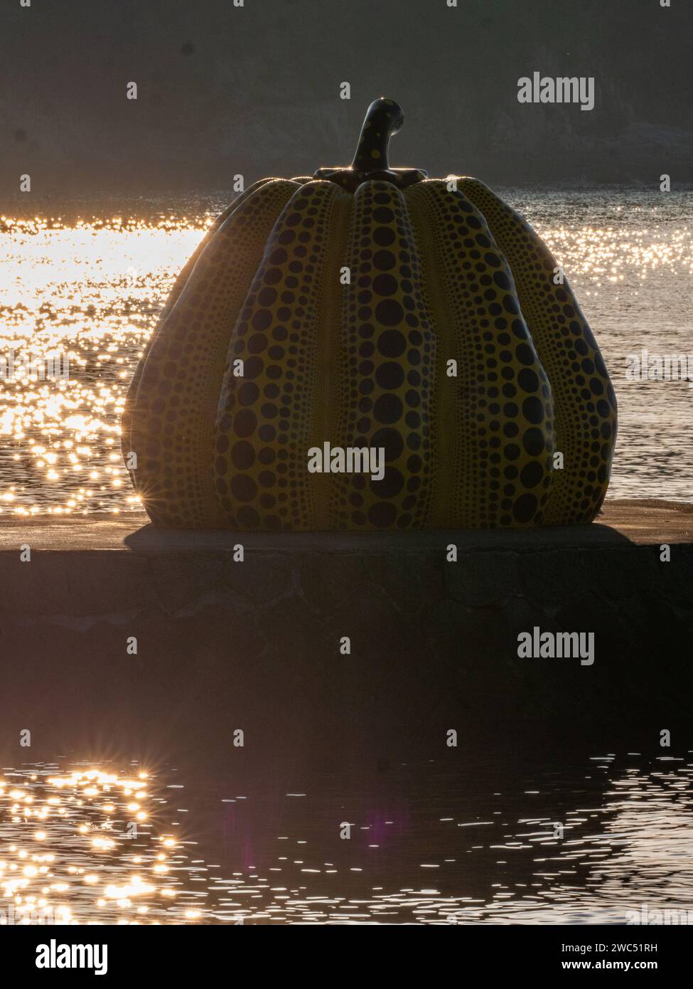 Close up of yellow pumpkin by artist Yayoi Kusama outside the Benesse ...