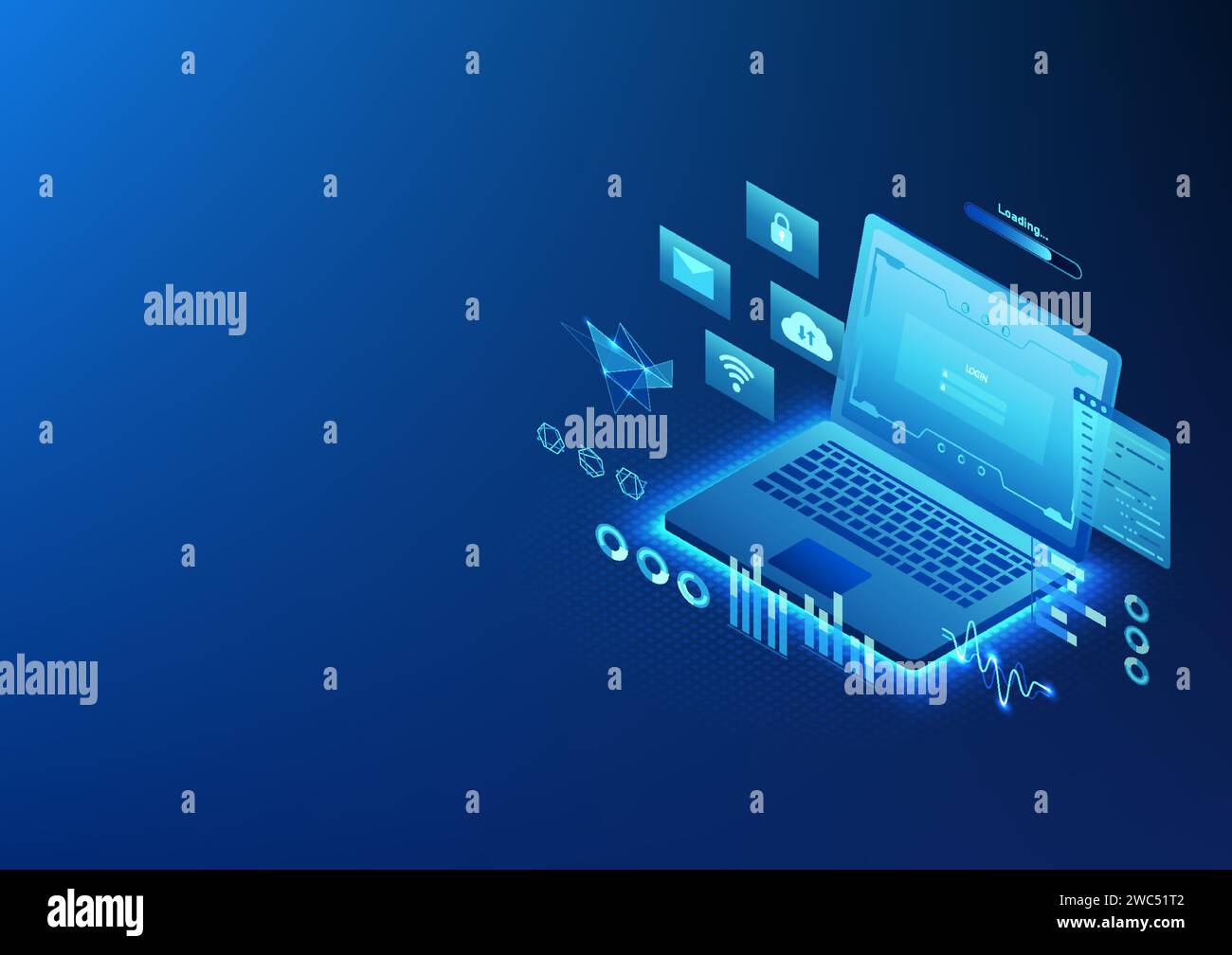 Computer technology background, Laptop login screen with data and ...