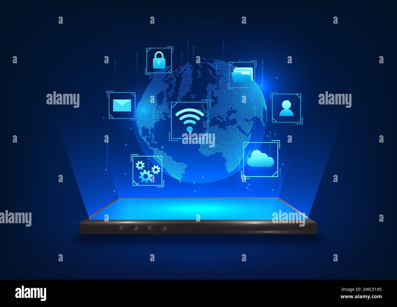 Smartphone technology background Mobile phone that projects hologram ...