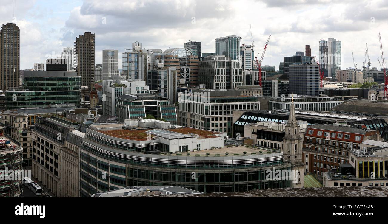 Dense view of urban London populated with corporate office buildings ...