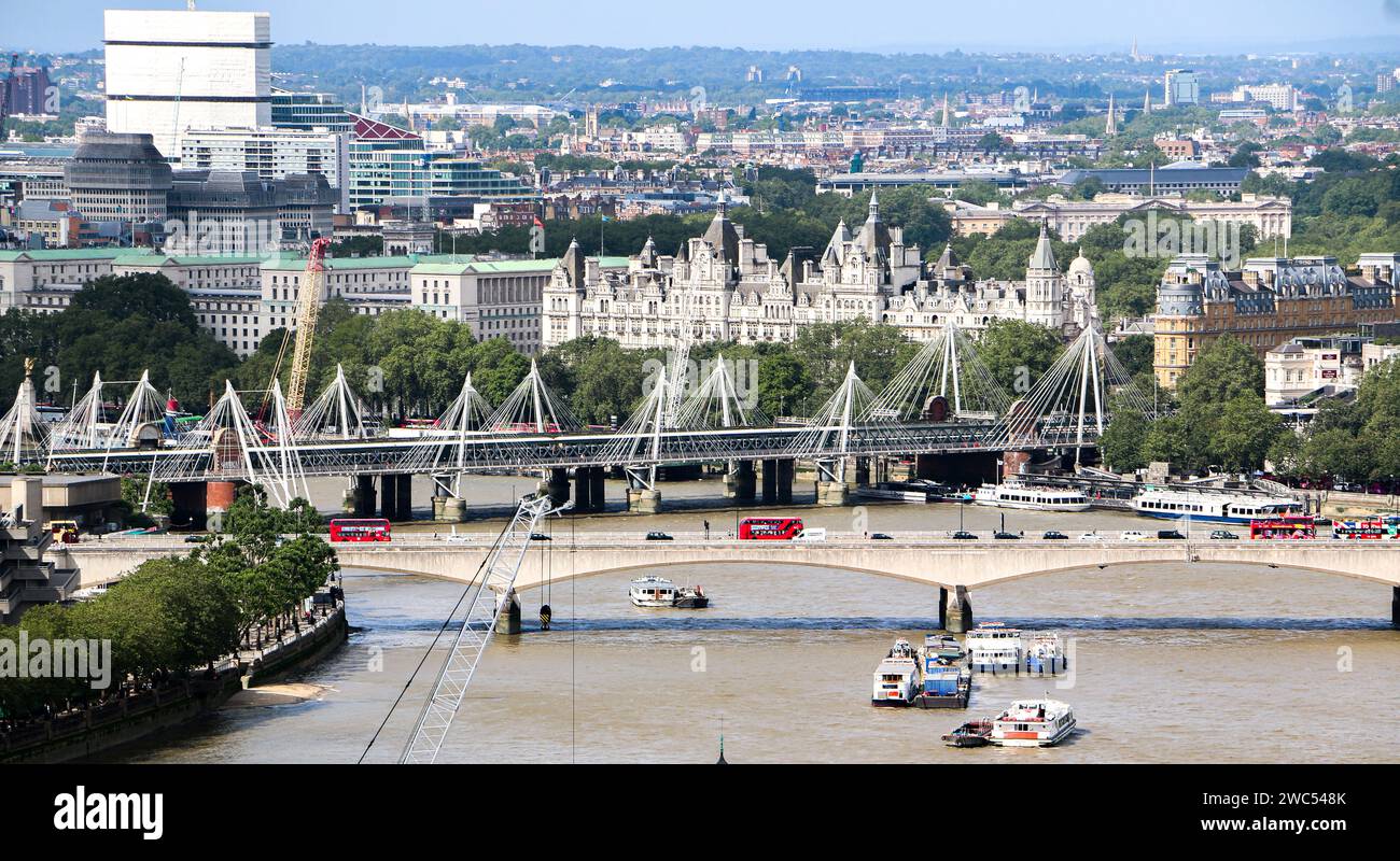 London, UK - 10th October 2023: Aerial shot of boats on River Thames ...