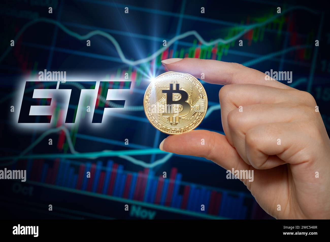 Bitcoin Exchange Traded Fund (ETF) Concept. Female hand holding glowing ...