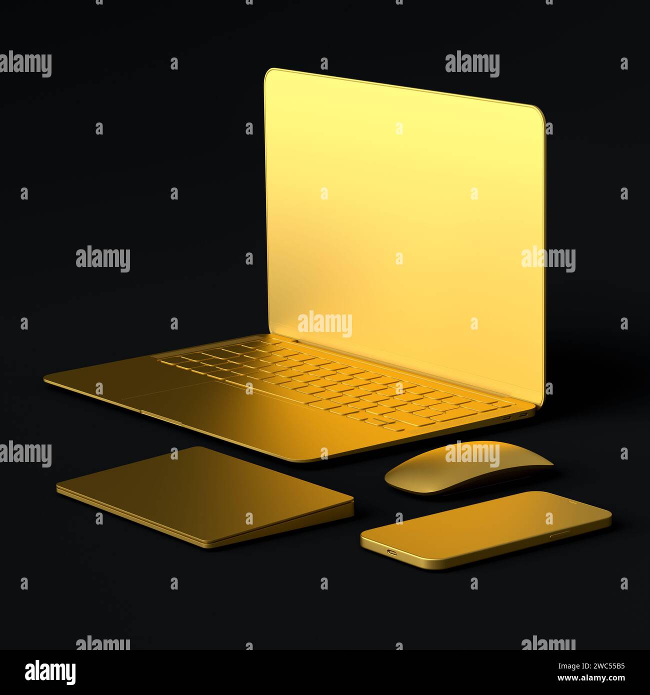 Realistic aluminum laptop with trackpad, mouse and phone isolated on ...