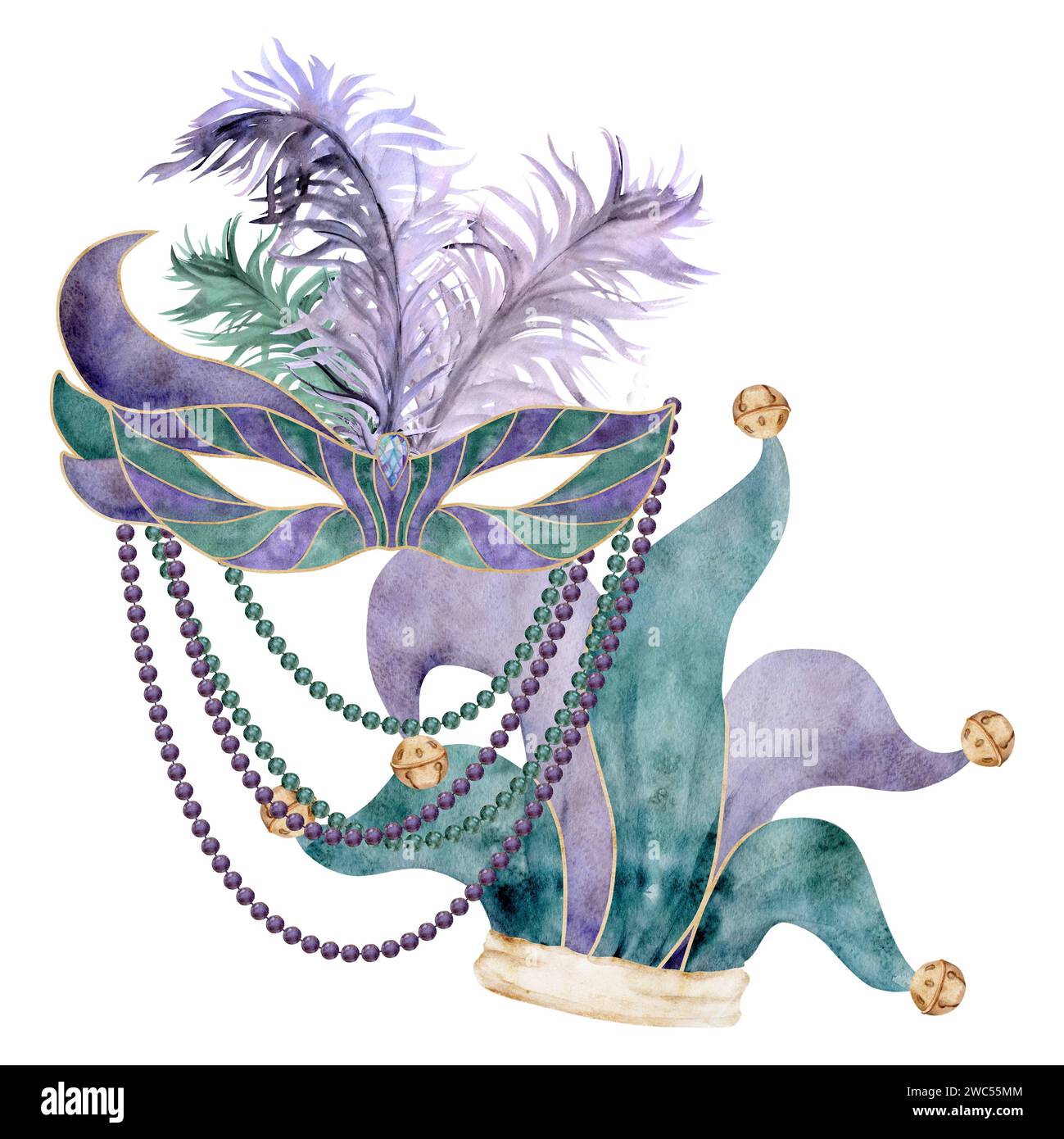 Hand drawn watercolor Mardi Gras carnival symbols. Theater masquerade ...