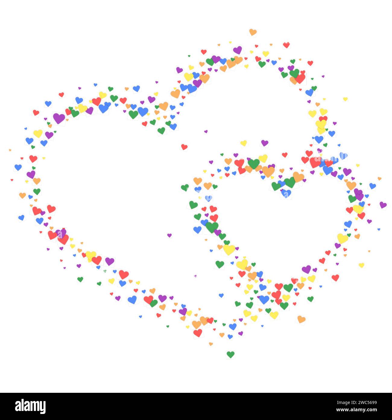 Heart confetti valentine overlay. Rainbow colored scattered hearts. LGBT valentine card. Joyfull ...