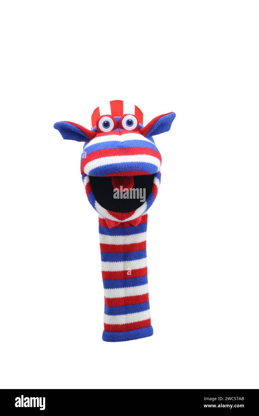 little funny sock puppet isolated on white background. hand theater ...