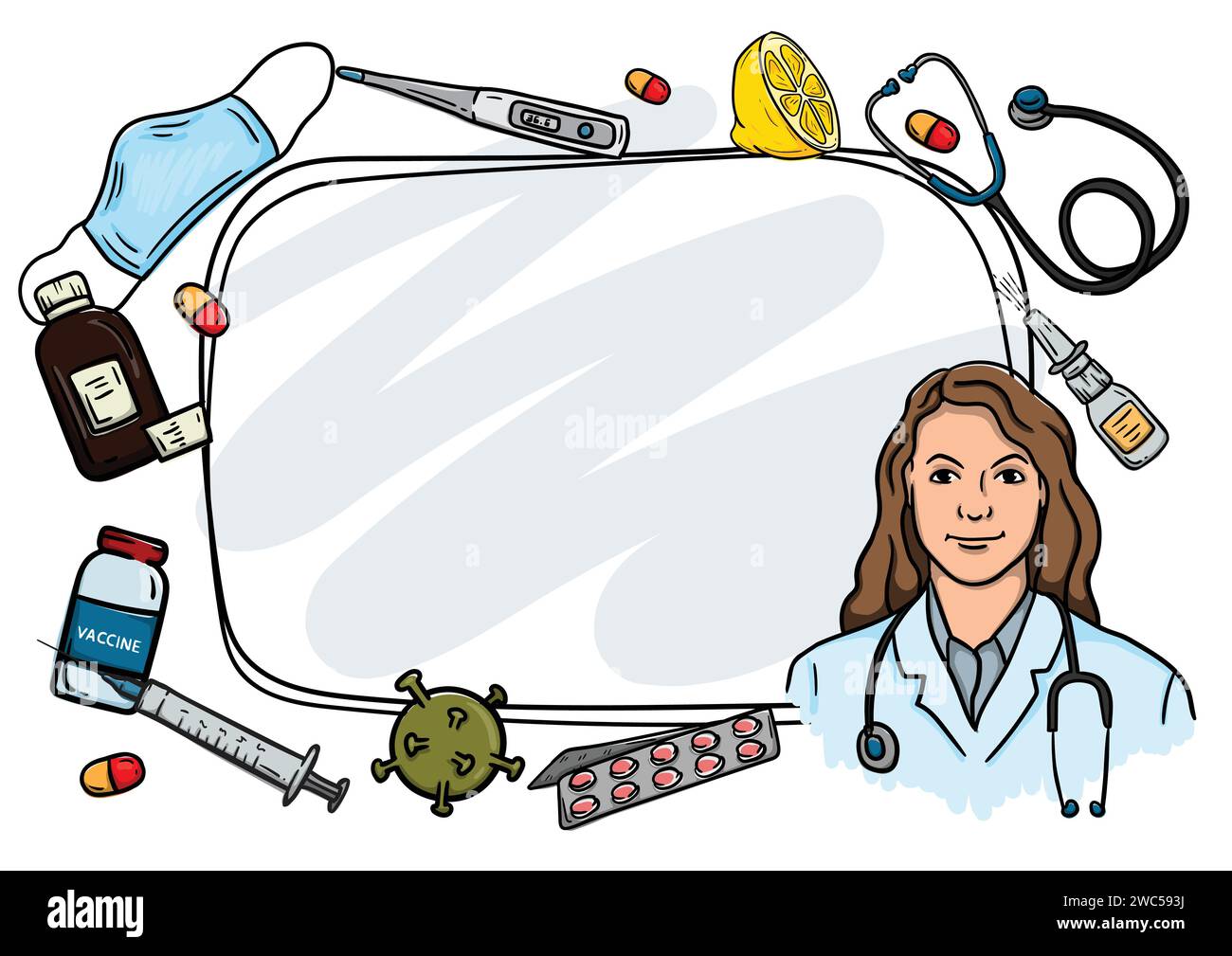 Young woman doctor, medical elements, drugs and viruses. Bright ...