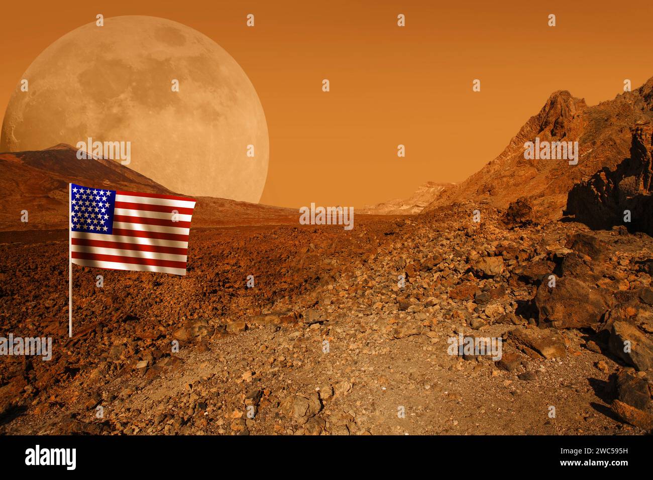 Desert planet with arid landscape background with USA flag. Elements of ...