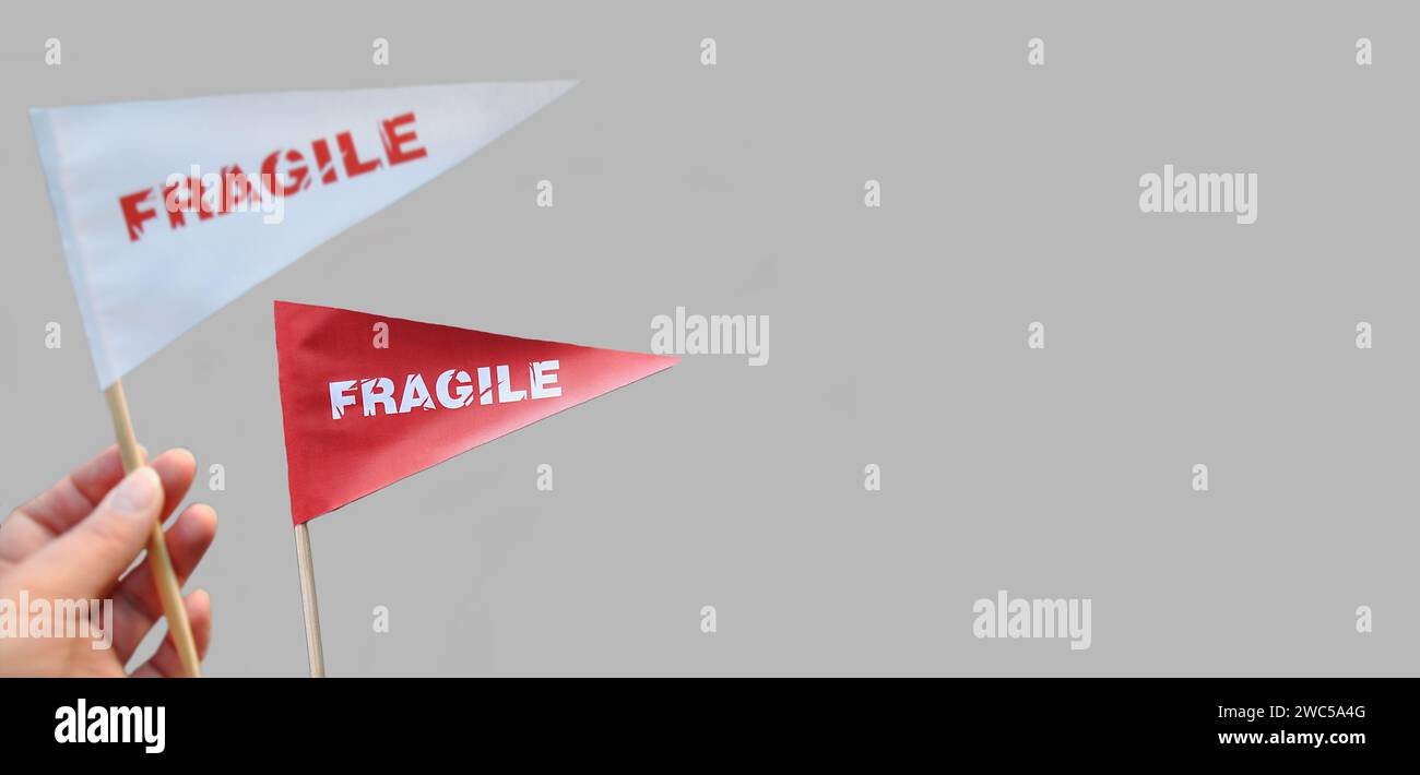 Small paper flags in hand with the warning 'Fragile' as a label. The ...