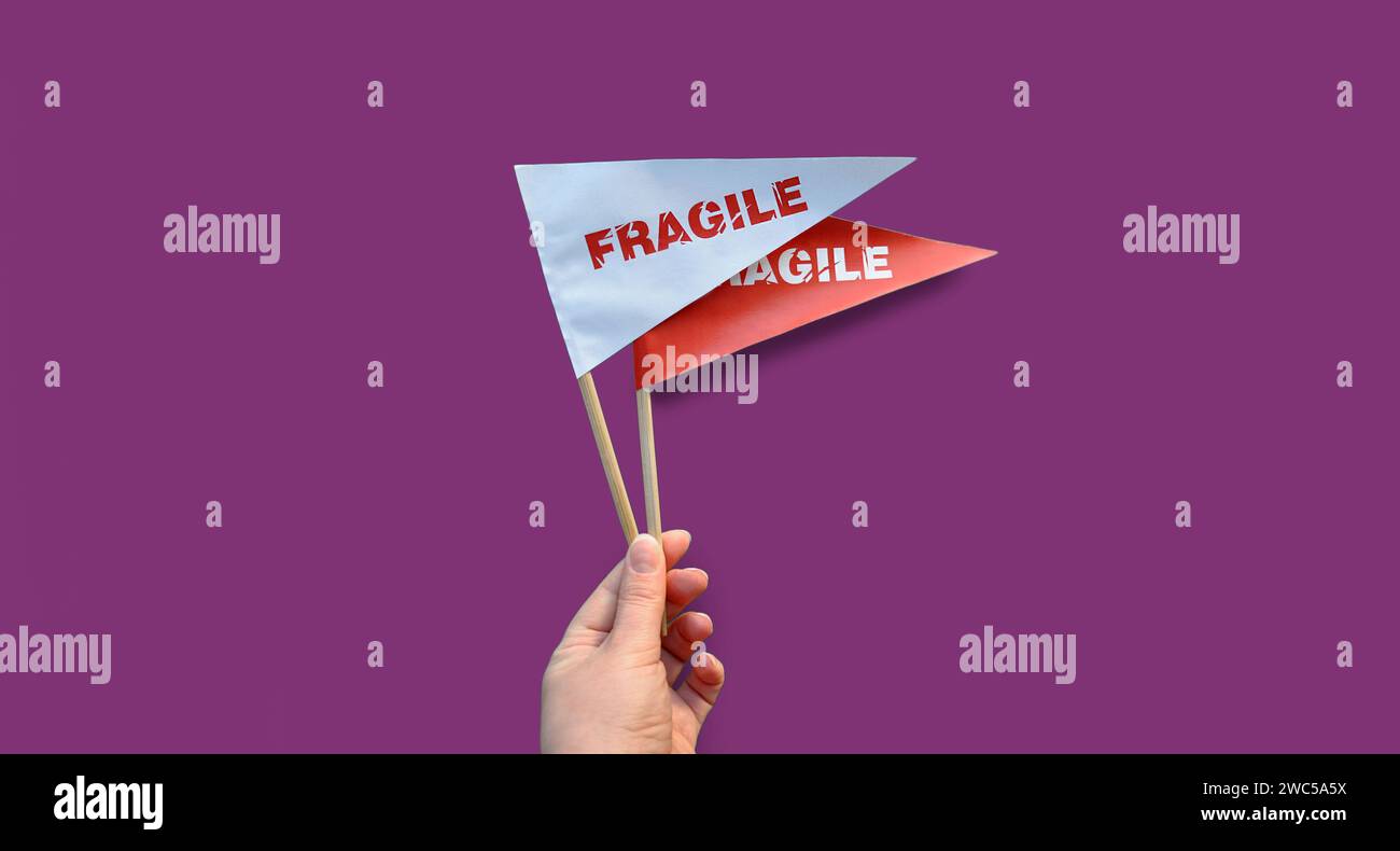 Small paper flags in hand with the warning 'Fragile' as a label. The ...